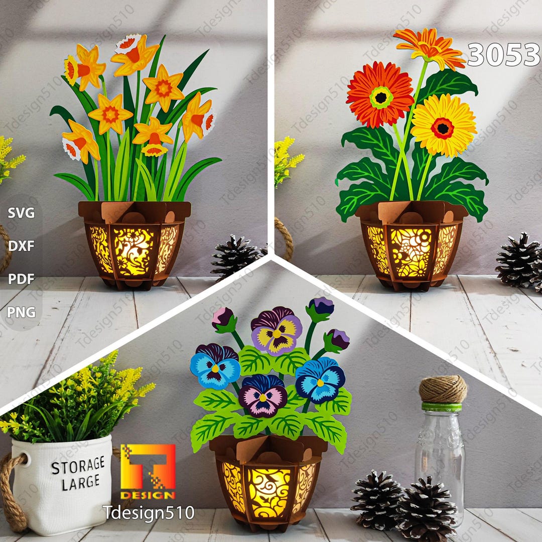 Flower Pot Lantern, Gerbera Daffodil Violet Pansy Pot Lantern, Paper ...