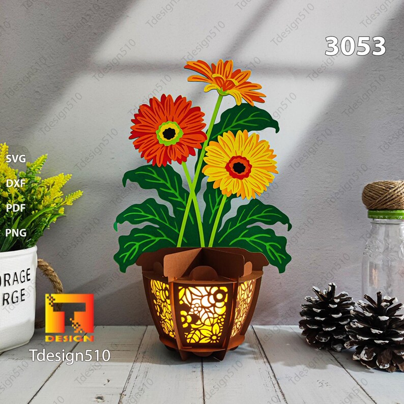 Flower Pot Lantern, Gerbera Daffodil Violet Pansy Pot Lantern, Paper ...