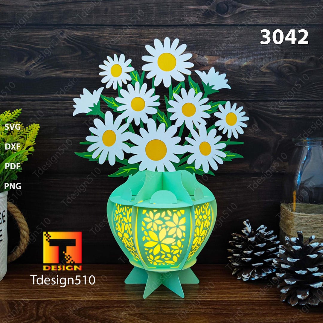 Daisy Vase Lantern Paper Cutting Lamp 3D Shadow Box Papercut Lightbox ...