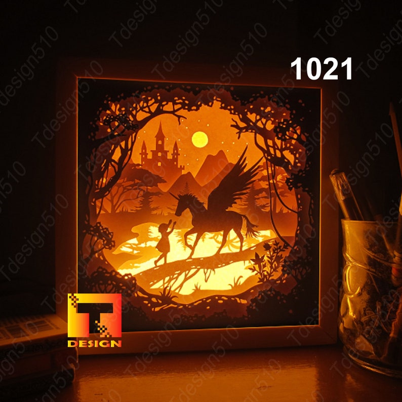 Unicorn Pegasus Paper Cut Light Box Template, Shadow Box, 3D Papercut ...