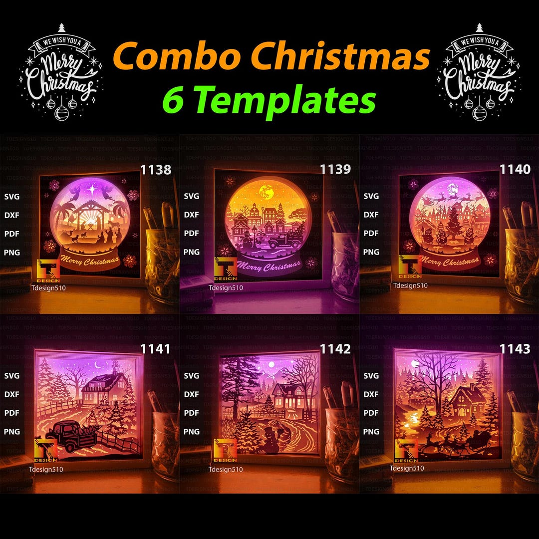 Combo Christmas 6 in 1 Paper Cut Light Box Template Shadow Box, 3D ...