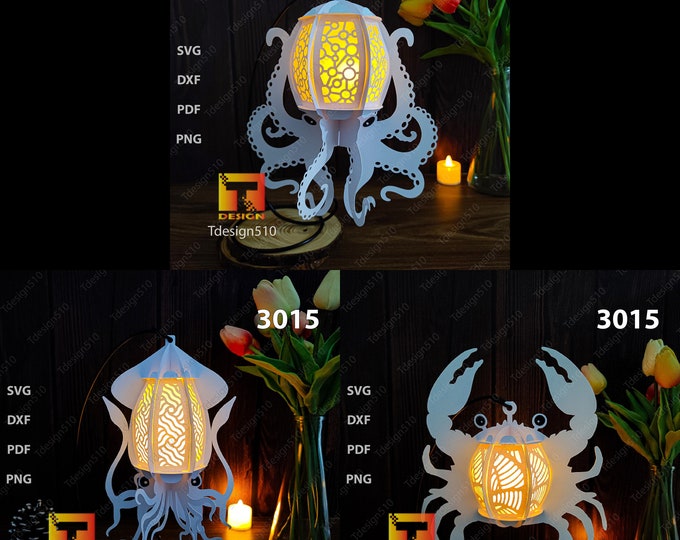 Set 3 Squid Lantern PDF, SVG, Silhouette Studio Templates - Ocean ...