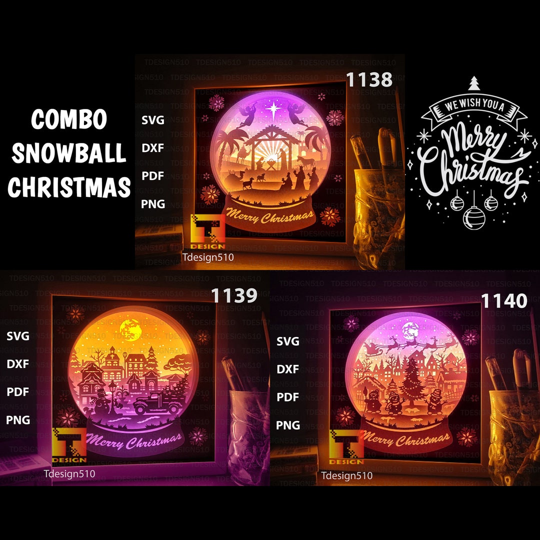 Combo Snowball Christmas Paper Cut Light Box Template, Shadow Box, 3D ...