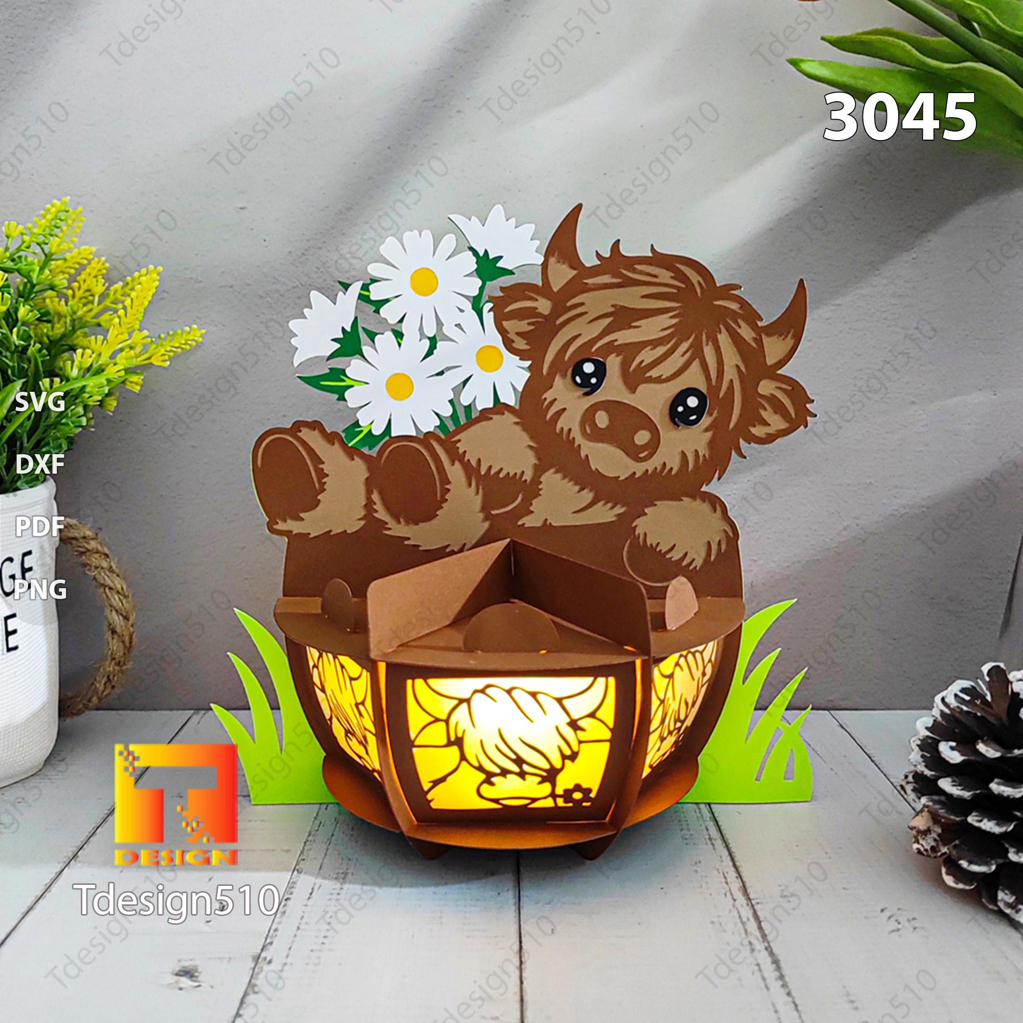 Highland Cow Lantern Paper Cutting Lamp 3D Shadow Box Table Lamp Light ...