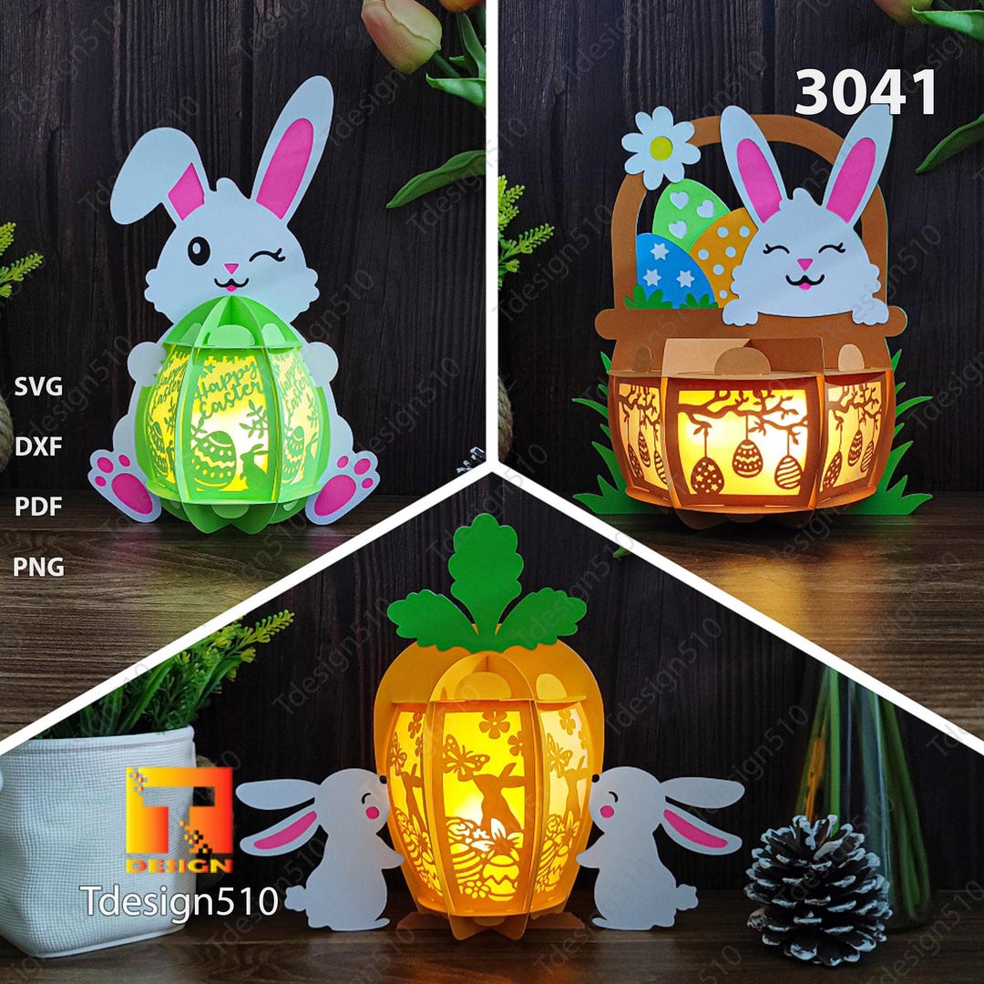Easter Bunny Lantern, Easter Eggs Lantern Paper Cutting Lamp 3D Shadow ...