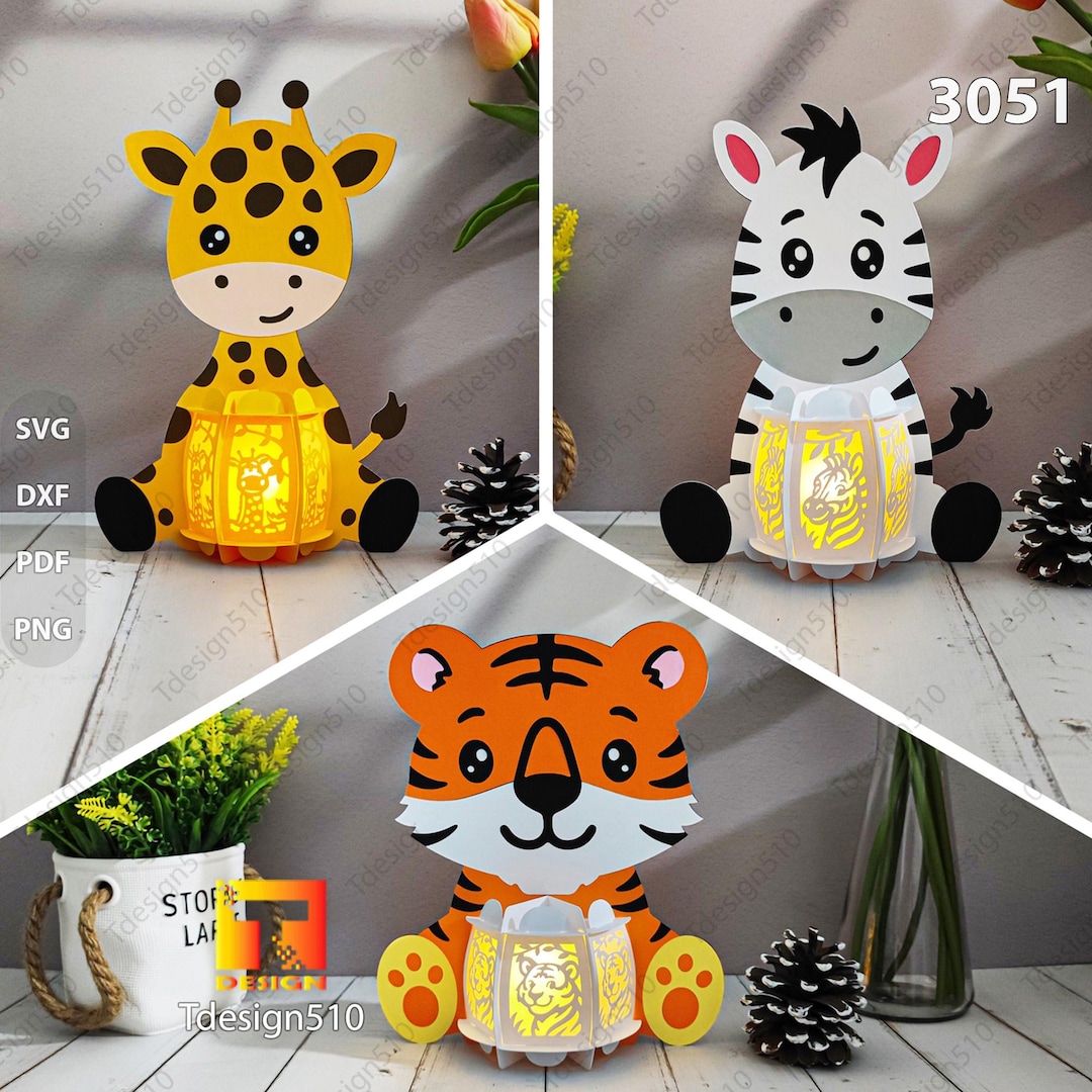 Animals Lantern Zebra Tiger Giraffe Lantern Paper Cutting Lamp 3D ...