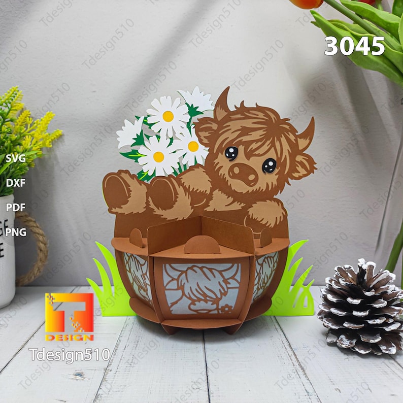 Highland Cow Lantern Paper Cutting Lamp 3D Shadow Box Table Lamp Light ...