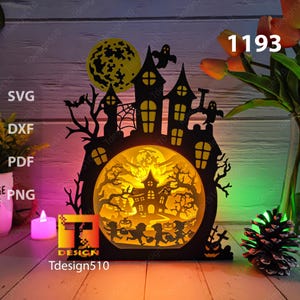 Halloween Haunted House Paper Cutting Lamp 3D Shadow Box Light Box ...