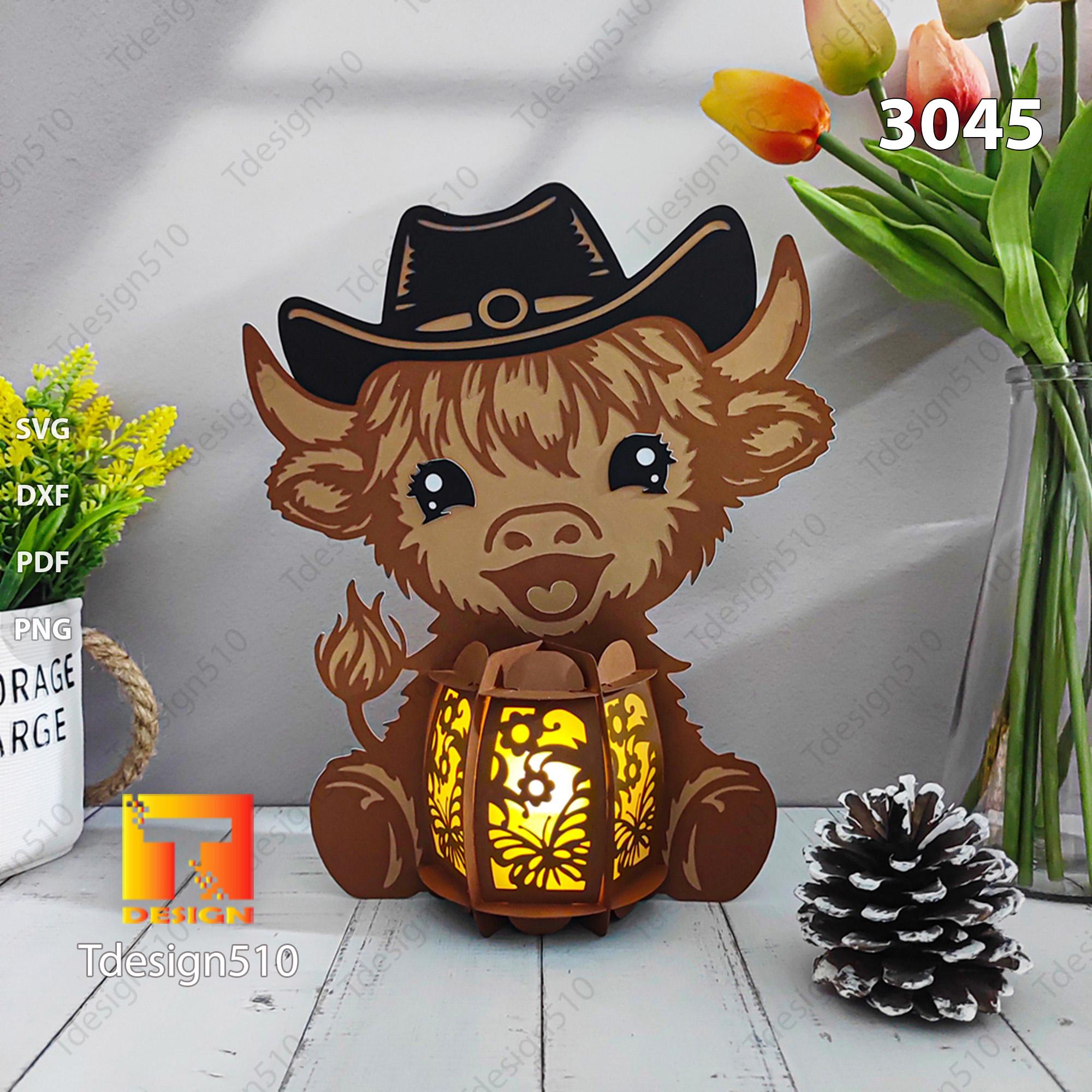 Highland Cow Lantern Paper Cutting Lamp 3D Shadow Box Table Lamp Light ...