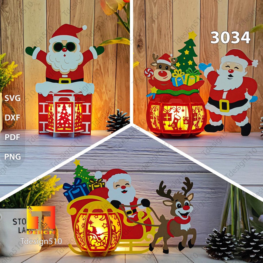 Santa Claus Lantern Paper Cutting Lamp 3D Shadow Box Light Box Papercut ...