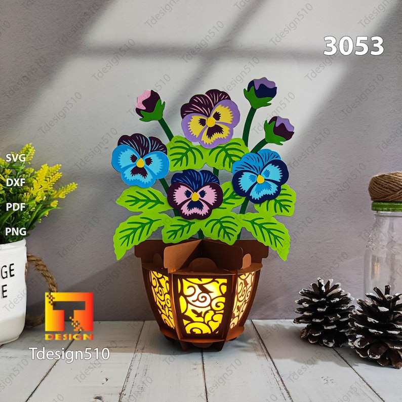 Flower Pot Lantern, Gerbera Daffodil Violet Pansy Pot Lantern, Paper ...