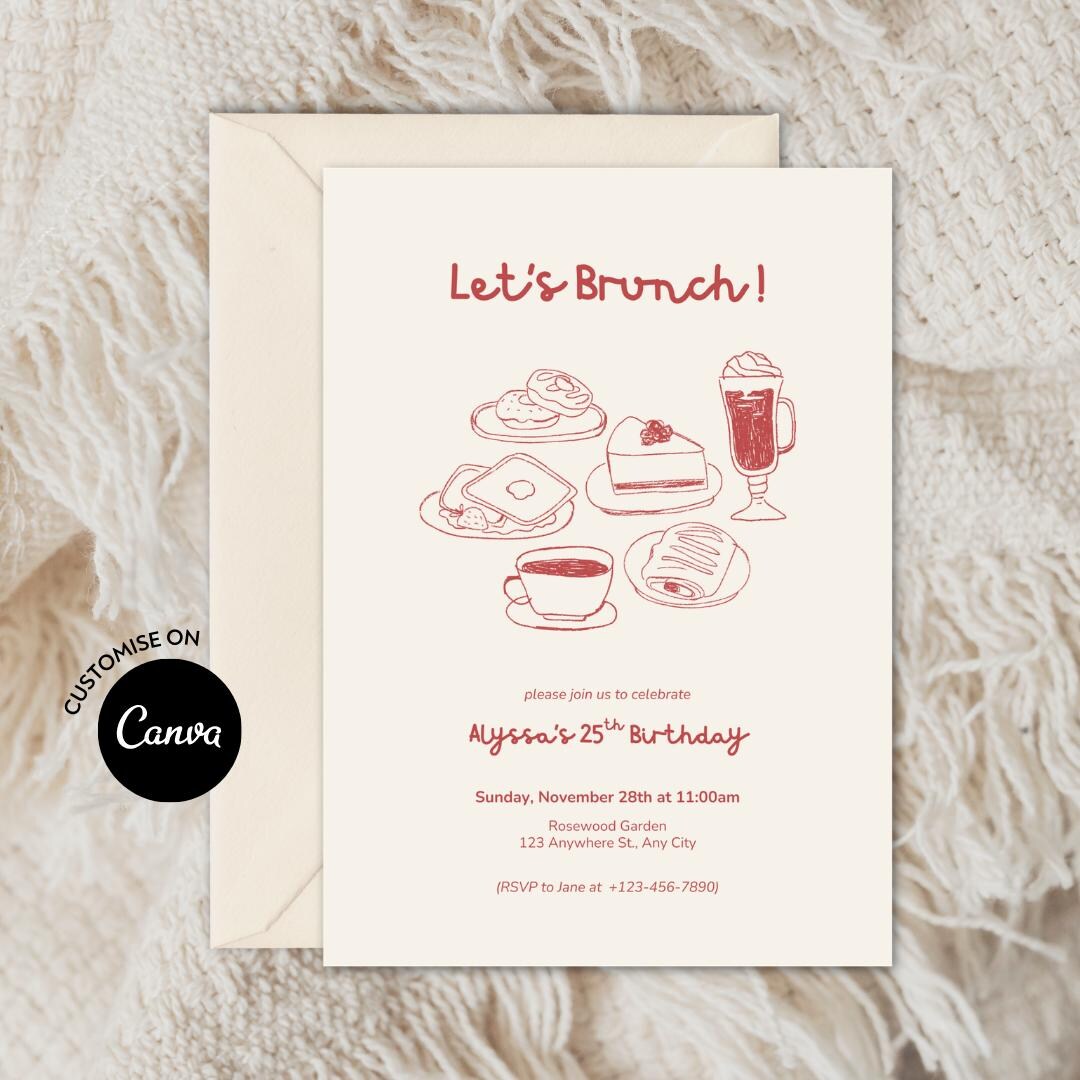 Let's Brunch Birthday Invitation Template: Hand Drawn Food, Coffee ...