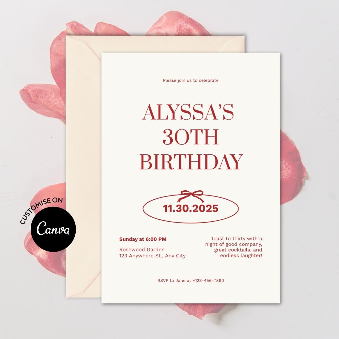 Modern 30th Birthday Party Invitation Template: Minimalist Bow Cheers ...