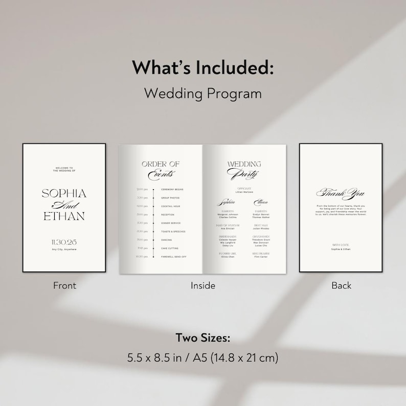 Timeless Wedding Program Template: Modern Minimalist Folded Order of ...