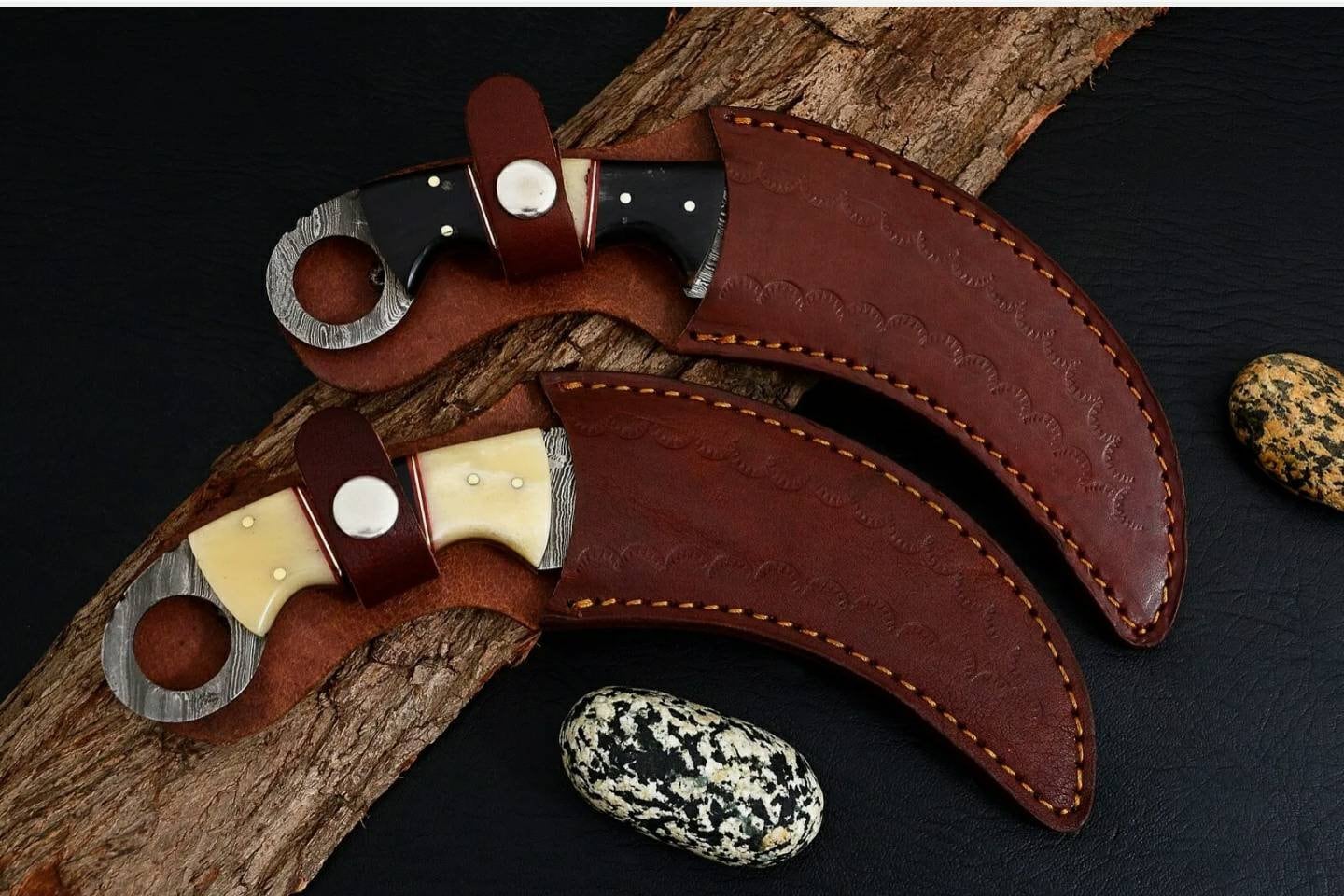 Beautiful Handmade Damascus Karambit With Buffalo and Camel Handle pair ...