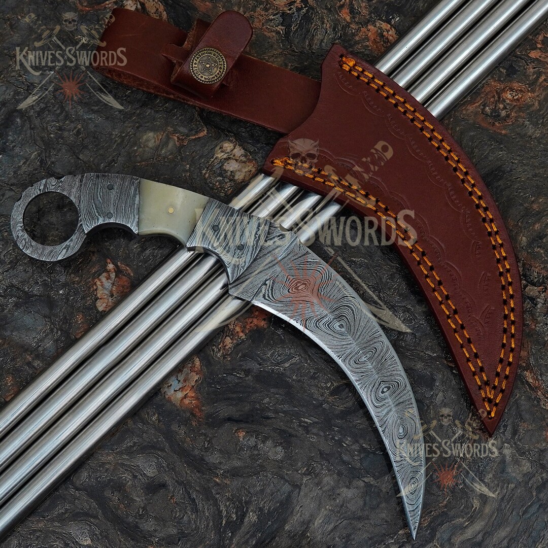 Handmade Damascus Steel Karambit Knife Handle Bolster Camel Bone With ...