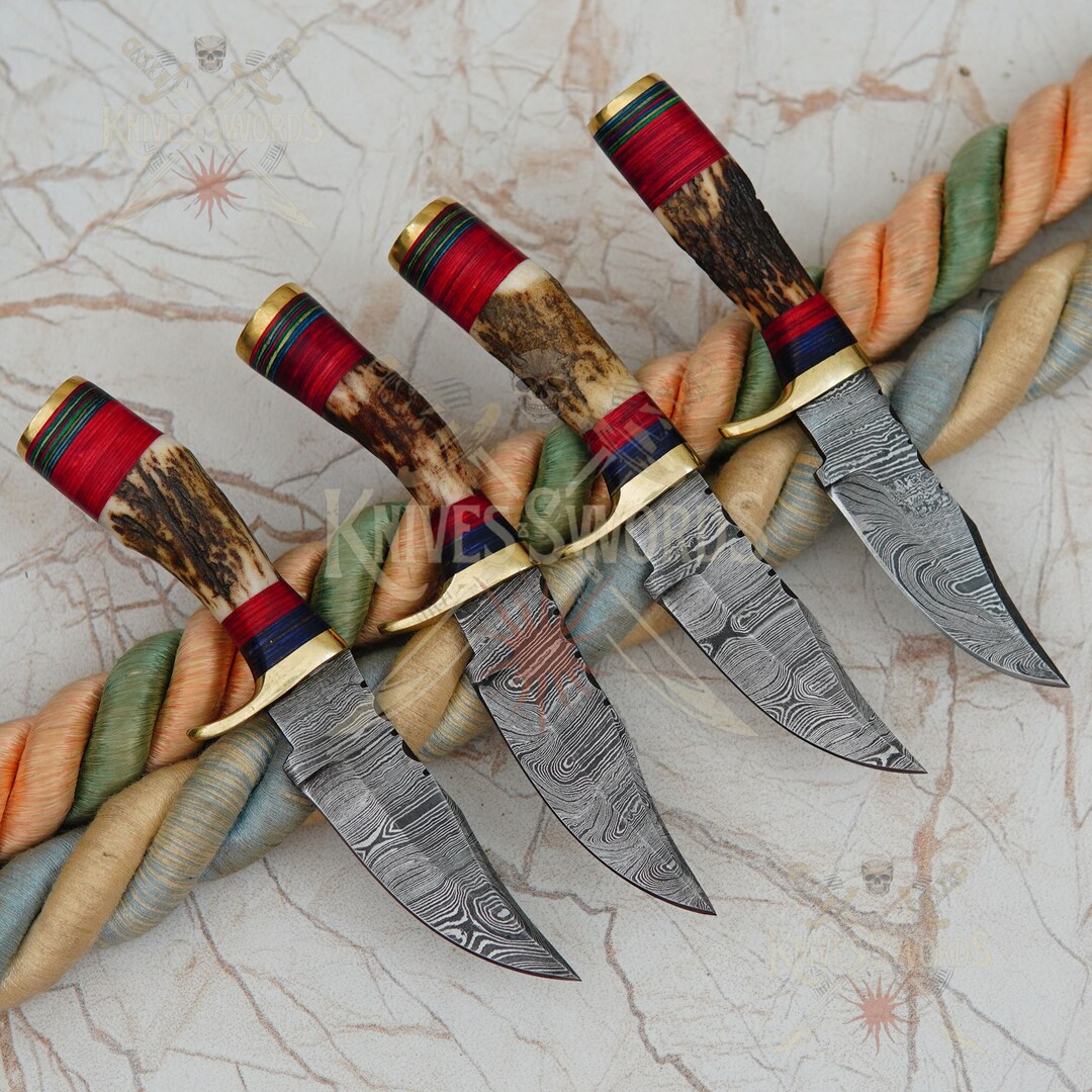 Handmade Damascus Custom Stag/antler Fixed Blade Hunting Knife With Brass Accents and Sheath ...