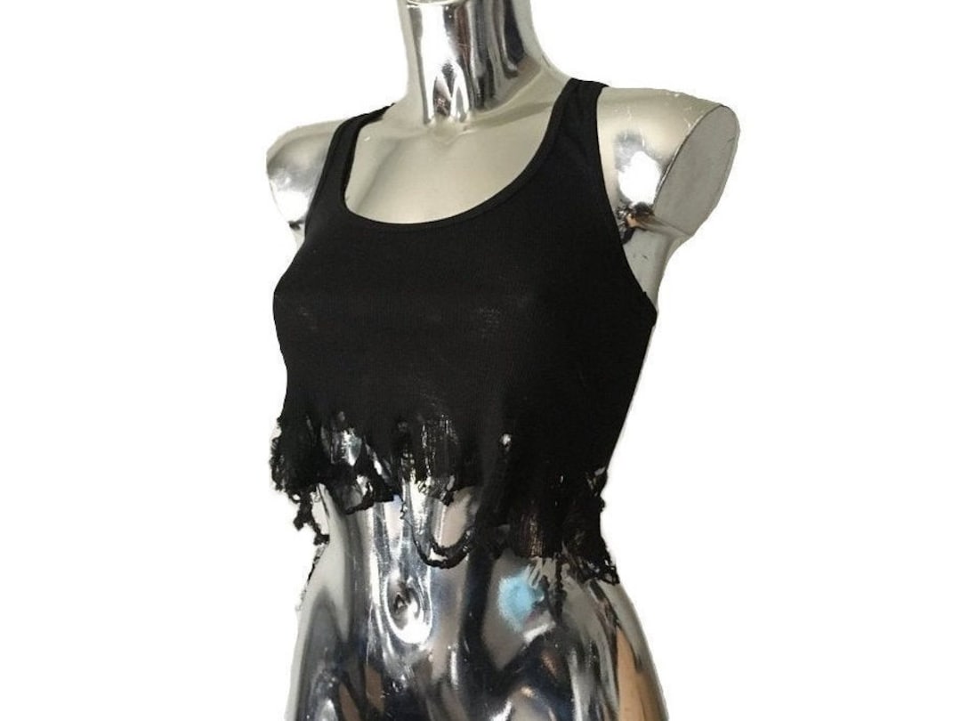 High Cropped Hand Shredded Distressed Hem Ribbed Tank Top (reversible ...