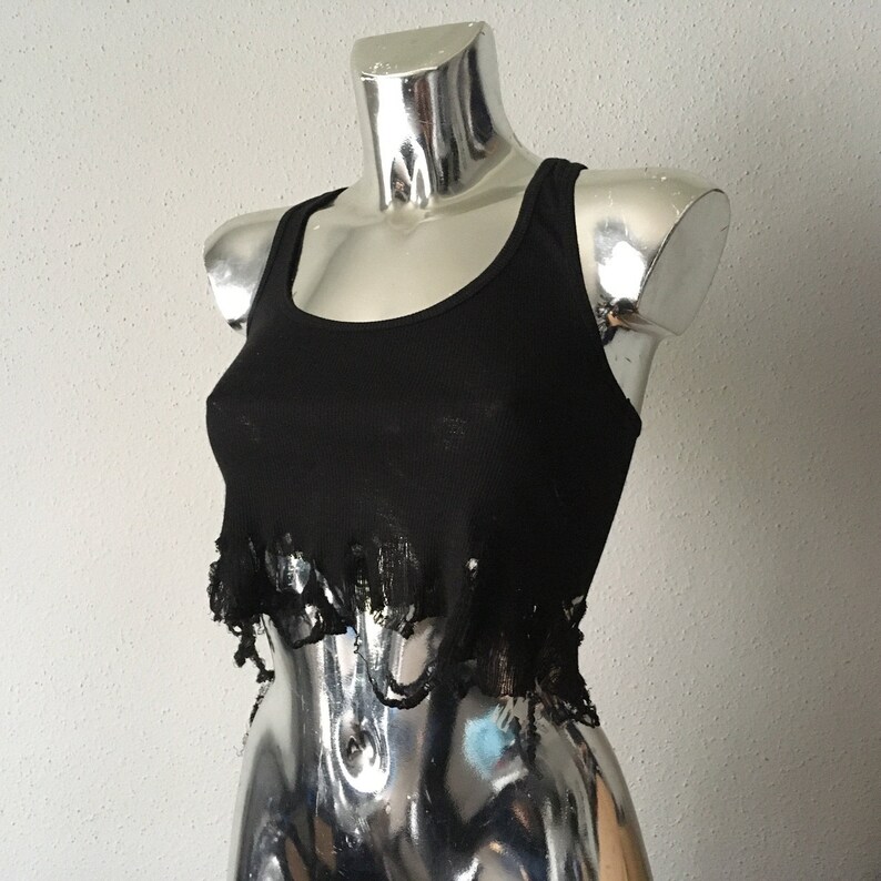 High Cropped Hand Shredded Distressed Hem Ribbed Tank Top (reversible ...