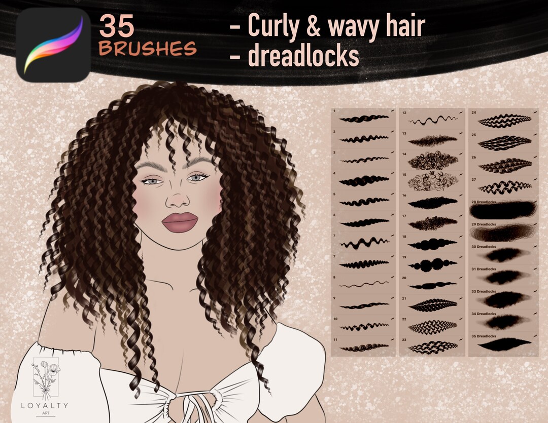 35 Procreate Curls and Waves Hair Brushes, Curly , Hair Brush Set ...