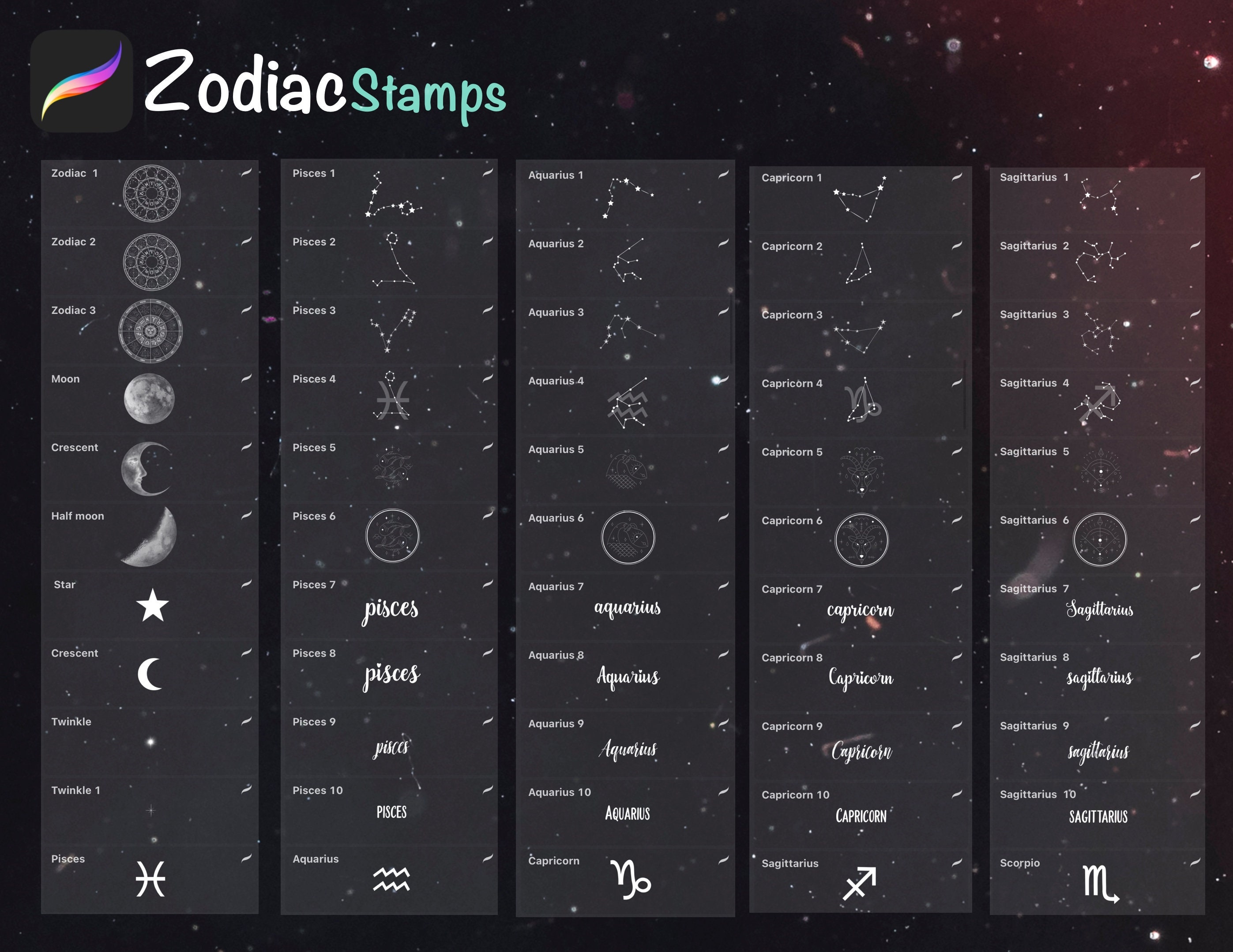 142 Zodiac Signs Stamps for Procreate App Astrology Theme - Etsy