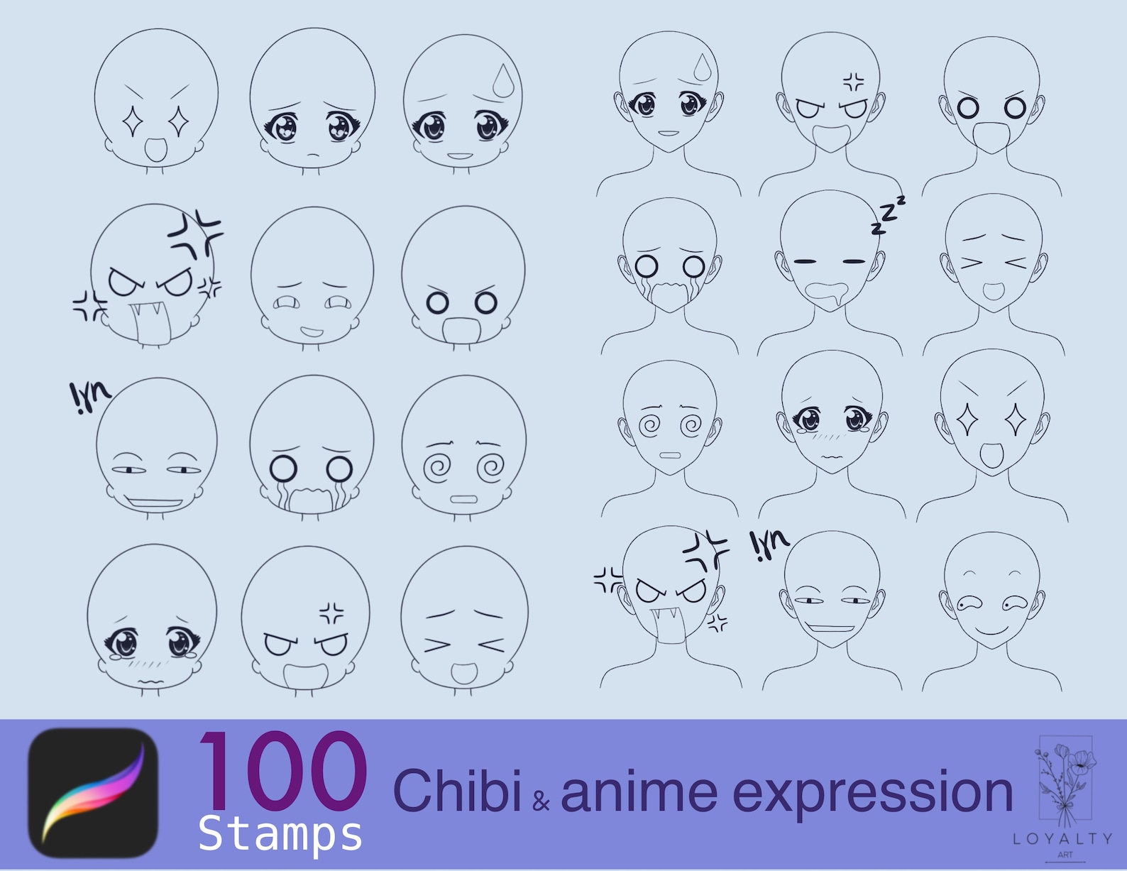 100 Chibi & Anime and Manga Expressions Stamp for Procreate | Etsy
