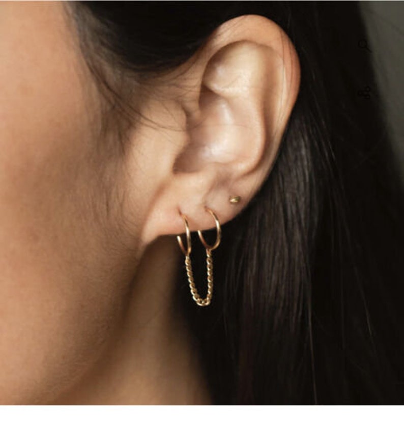 14k Gold Extra Small Curb Chain Double Huggie Hoop Earrings, Double ...