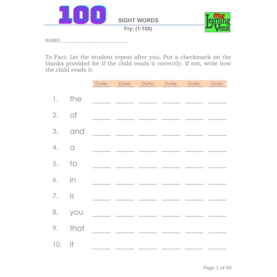 100 Fry Sight Words Activity Worksheets Instant Download Printable - Etsy