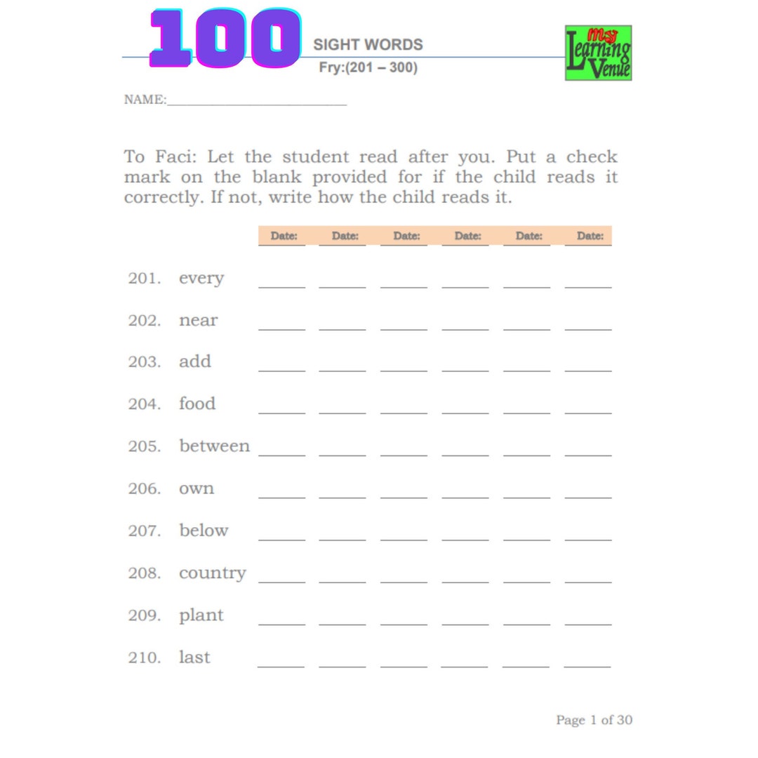 100 Fry Sight Words Activity Worksheets Printable - Etsy Canada