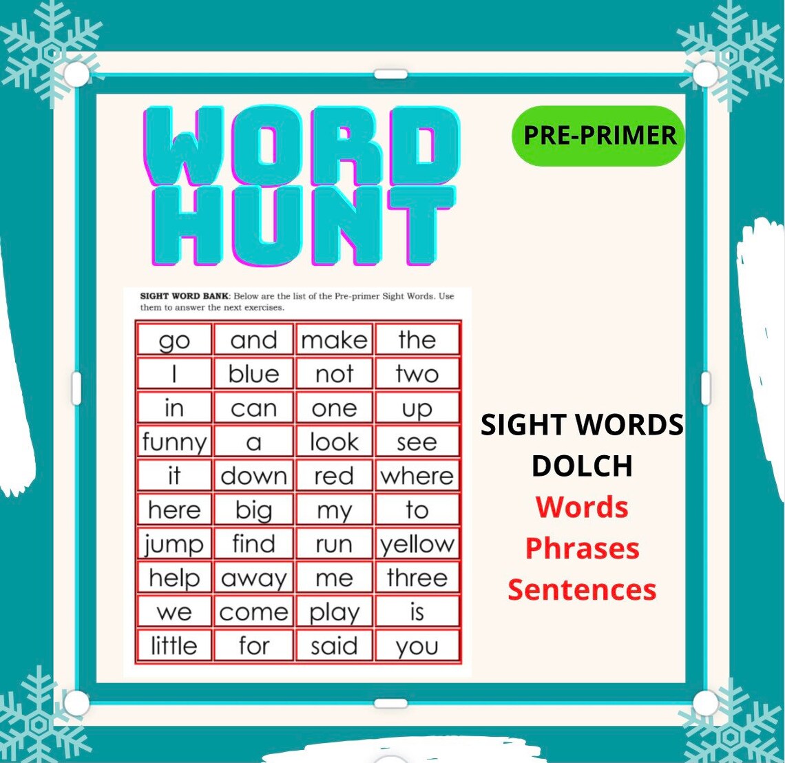 Word Hunt Sight Words Dolch Pre-primer Activity Worksheets Words ...