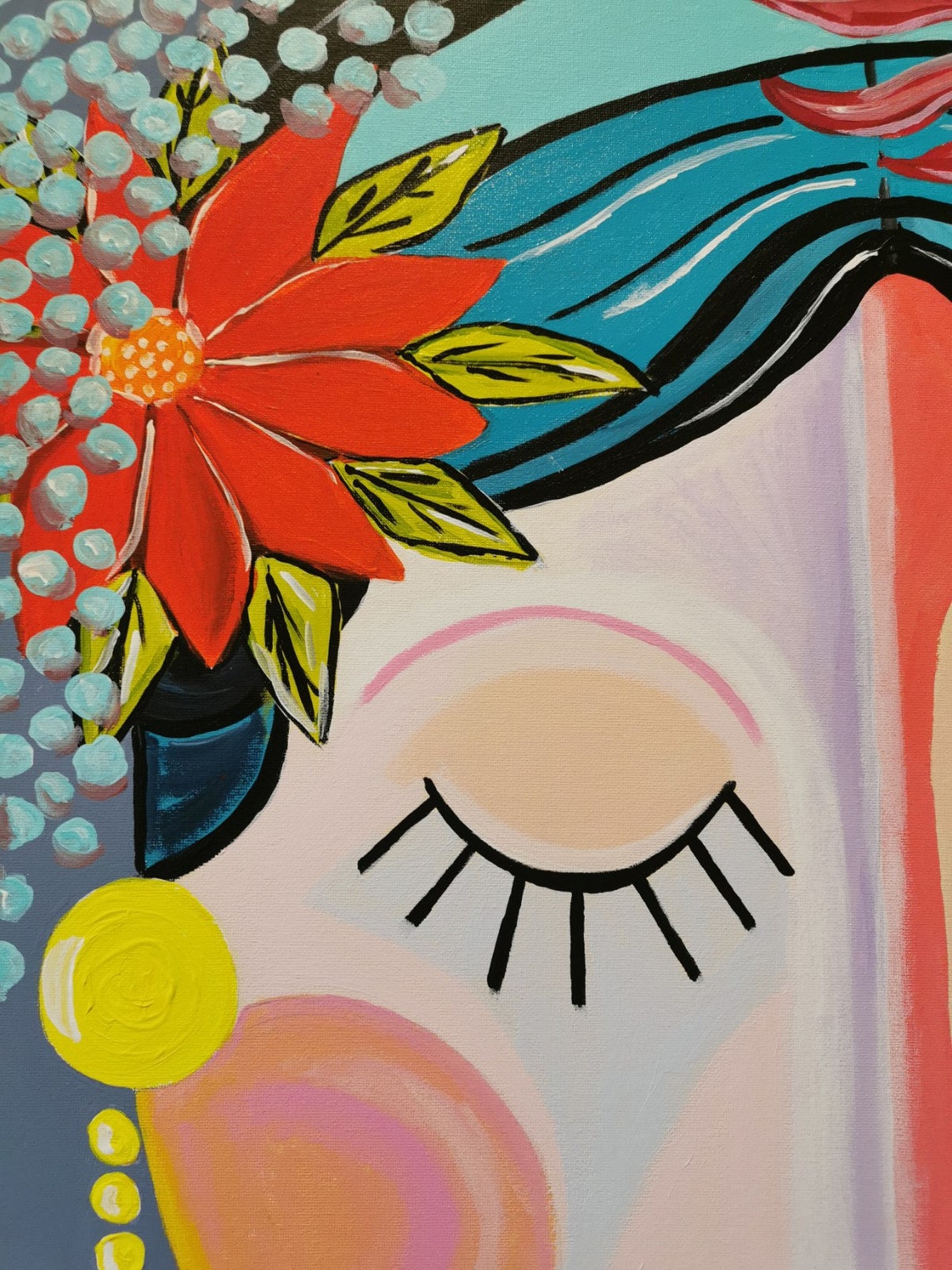 Original Ladies Face Semi Abstract Painting With Flowers & Jewellery ...