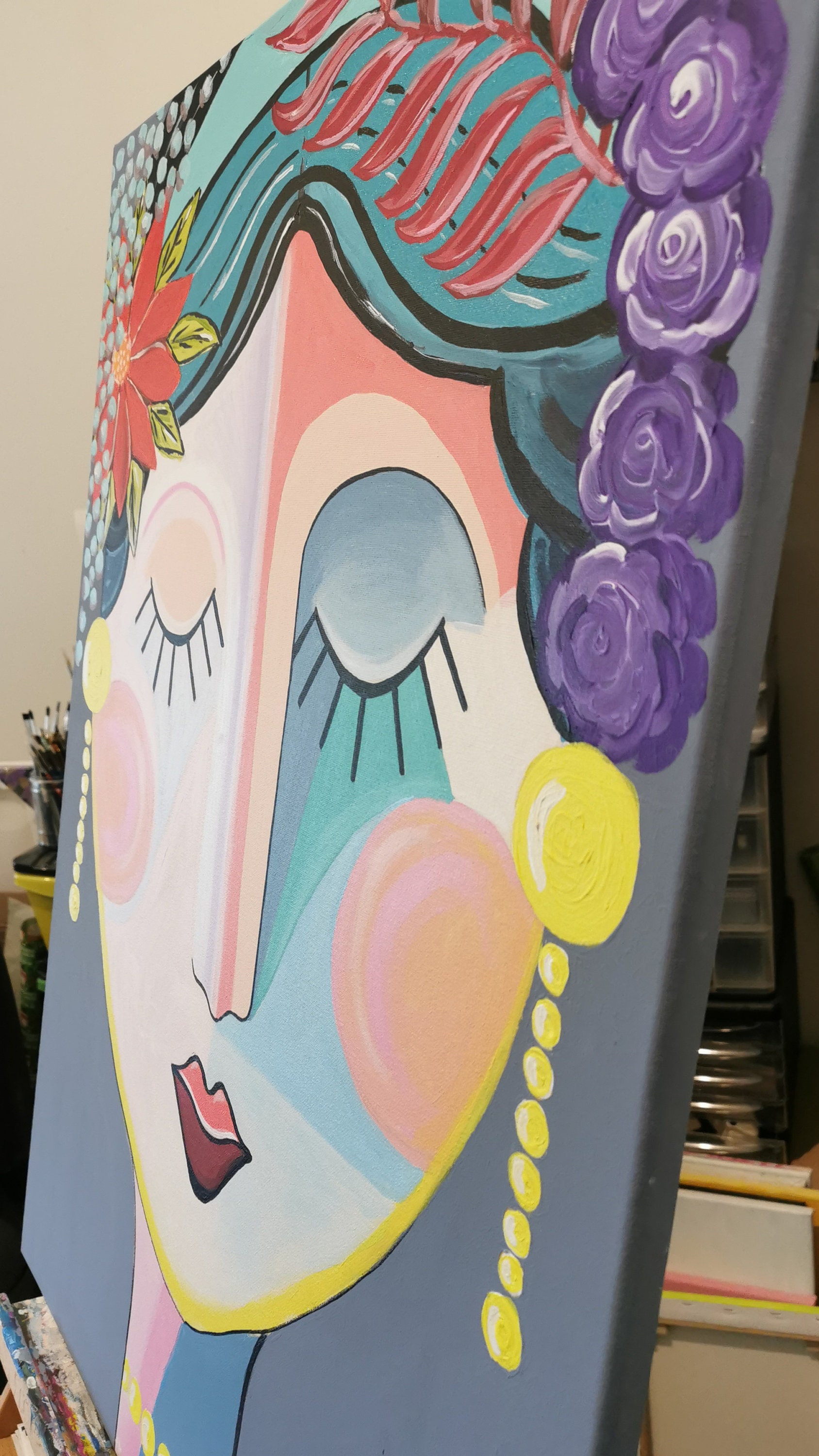 Original Ladies Face Semi Abstract Painting With Flowers & Jewellery ...