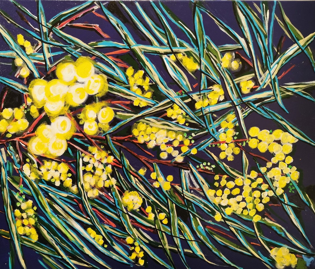 Wattle Bush, Bright Yellow Pops of Colour in Spring Time. Acrylic on ...