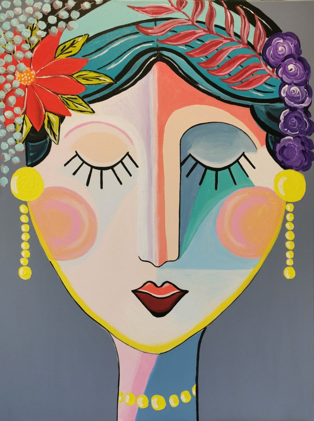 Original Ladies Face Semi Abstract Painting With Flowers & Jewellery ...