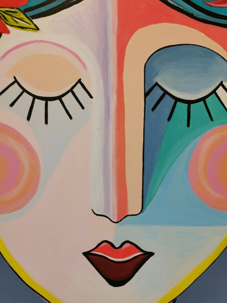 Original Ladies Face Semi Abstract Painting With Flowers & Jewellery ...