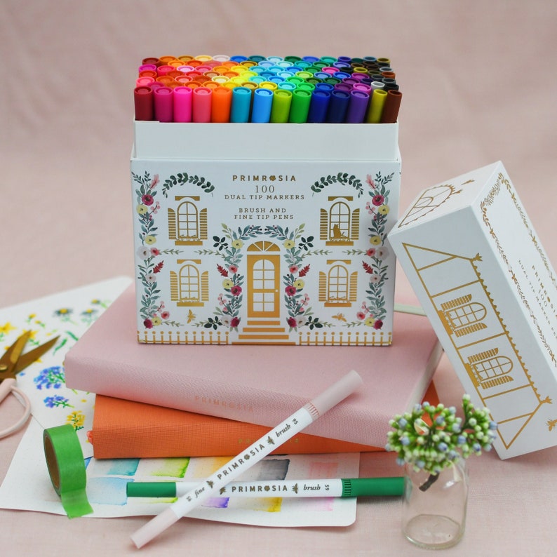 Primrosia 100 Dual Tip Watercolor Markers, Fine and Brush Tips Pens - Etsy