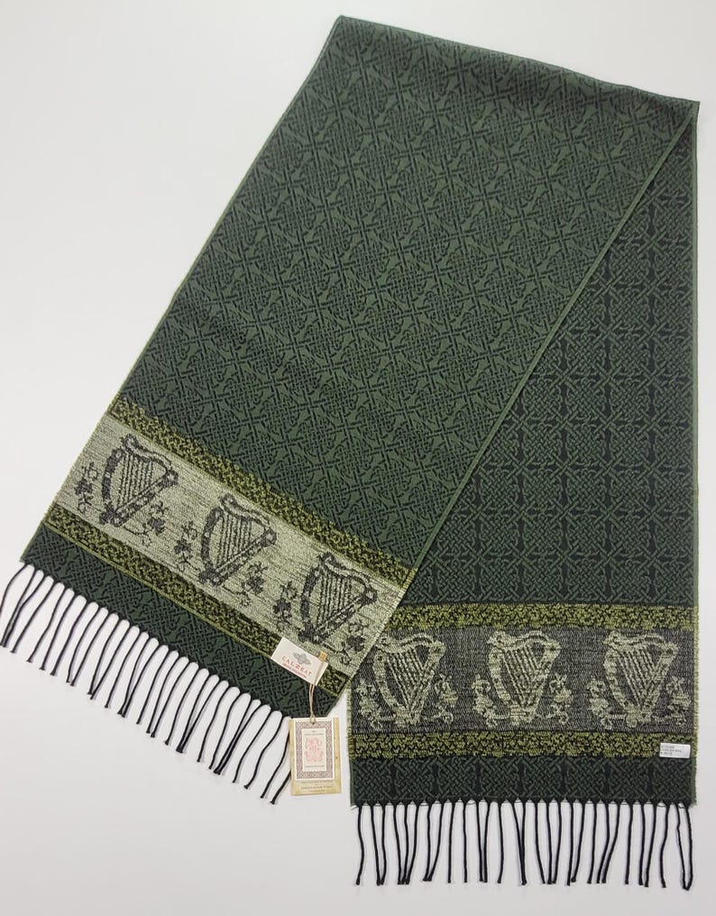 Calzeat Made in Scotland Jacquard Woven Celtic Harp Olive Scarf/table ...