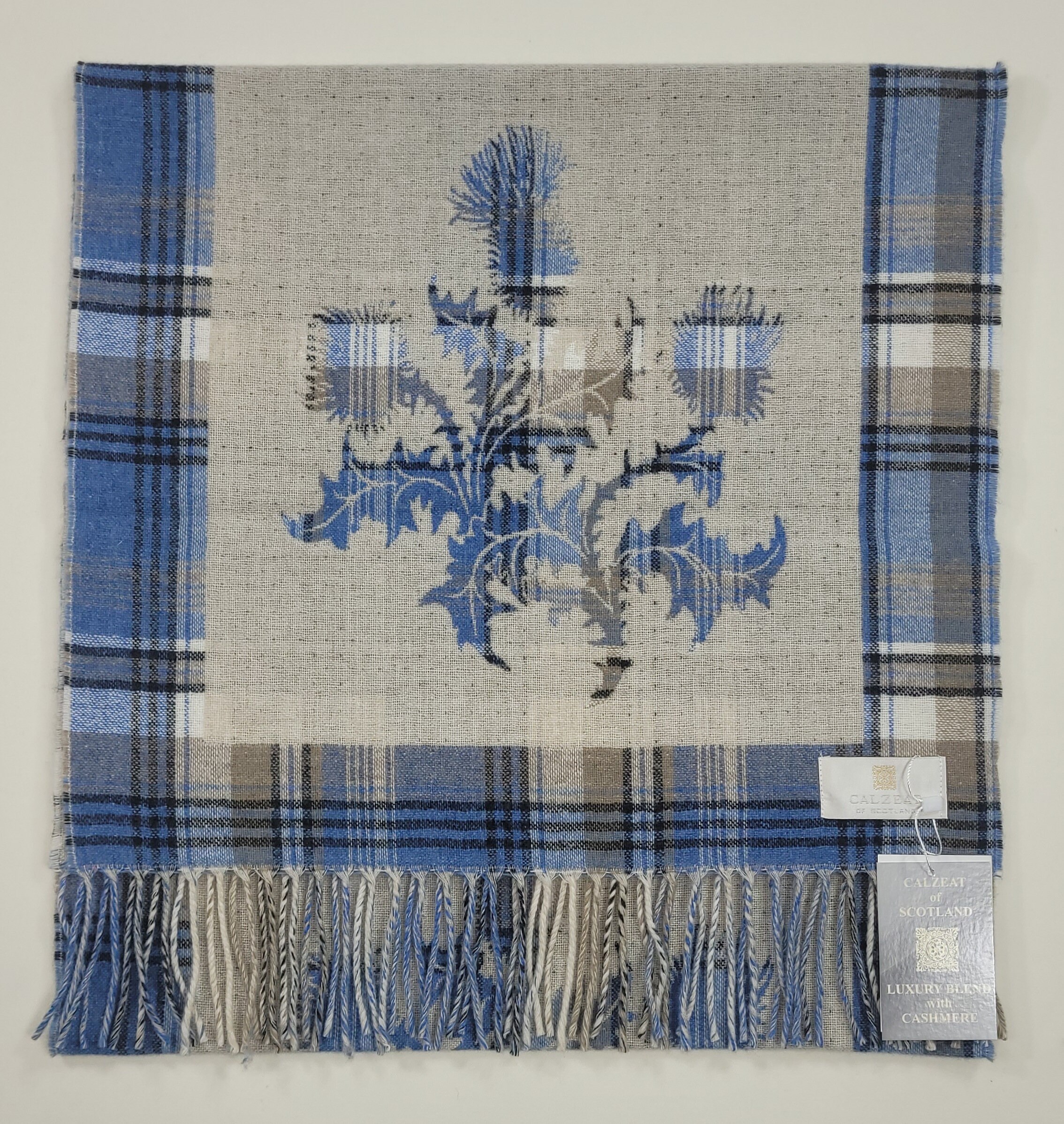 Calzeat Made in Scotland Jacquard Woven Blue Check Border Thistle Wrap ...