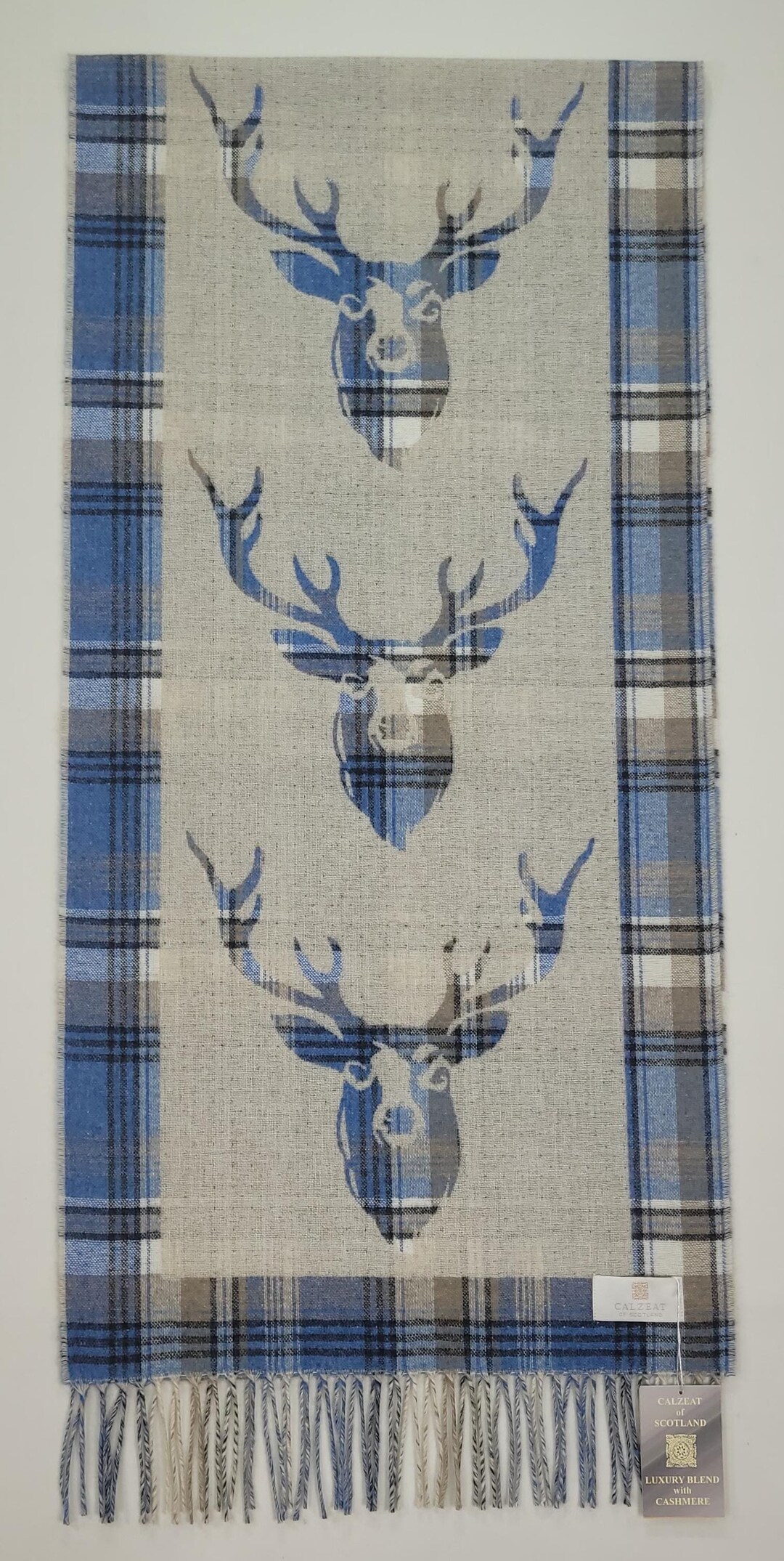 Calzeat Made in Scotland Jacquard Woven Blue Check Border Stag Wrap - Etsy