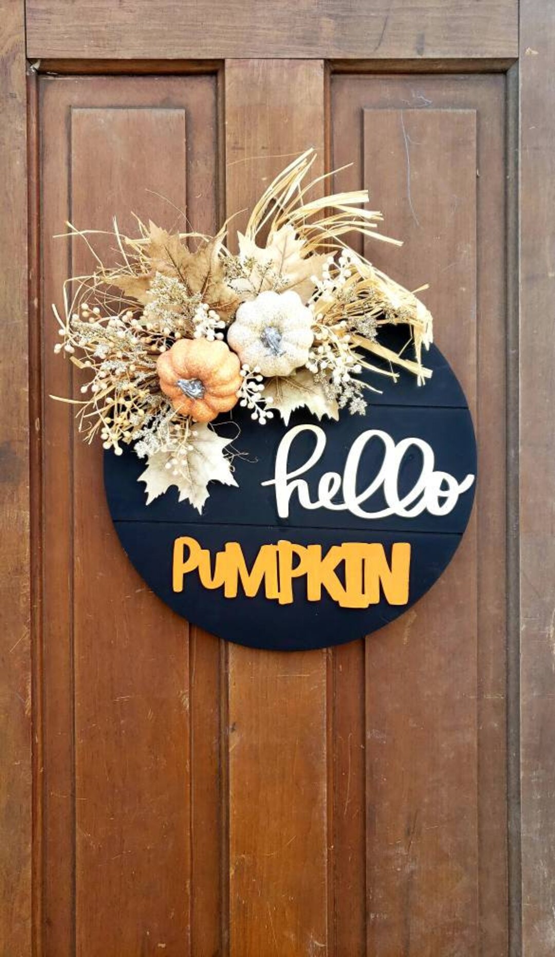 Hello Pumpkin Wood Round Front Door Wreath, Fall Wood Round, Pumpkin ...