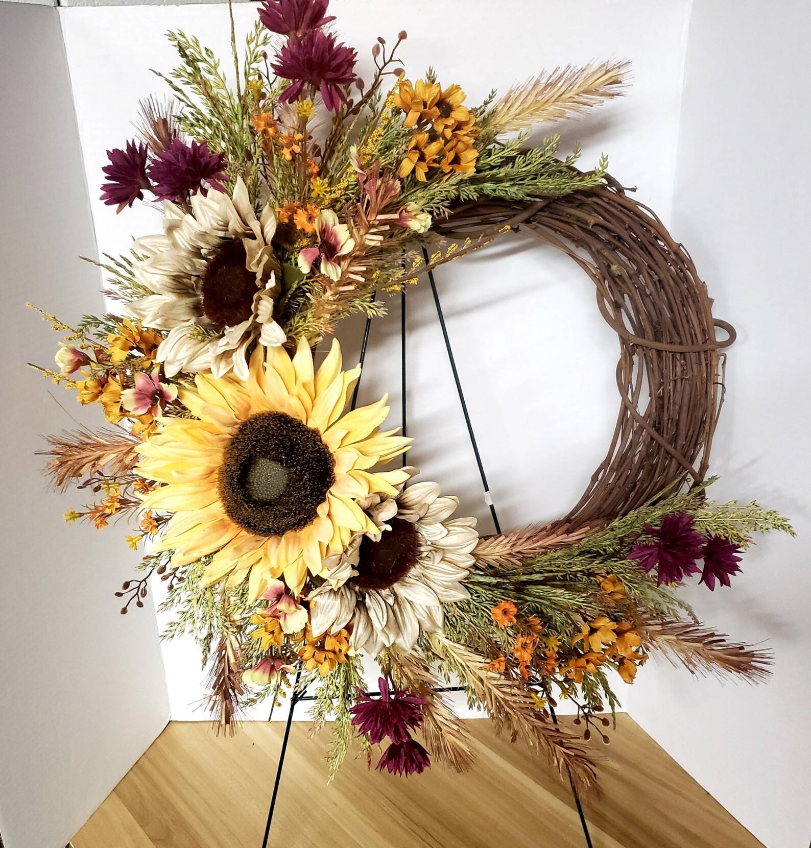 Tan Sunflower Fall Floral Wreath for Front Door, Autumn Floral Door ...