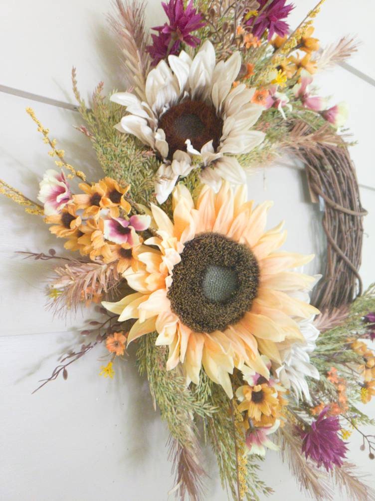 Tan Sunflower Fall Floral Wreath for Front Door, Autumn Floral Door ...