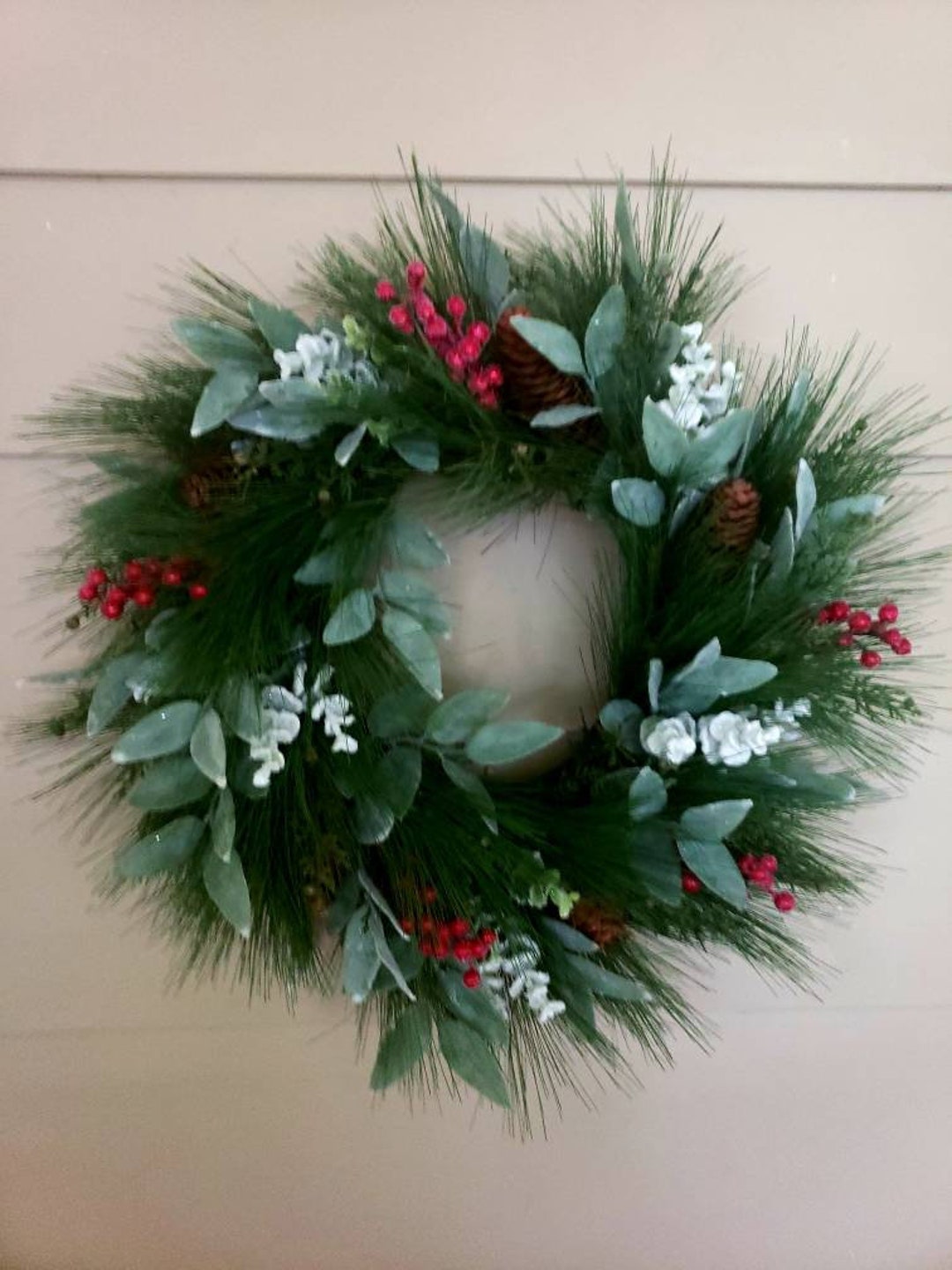 Winter Greenery Wreath - Pine & White Floral Holiday Door Decor With ...