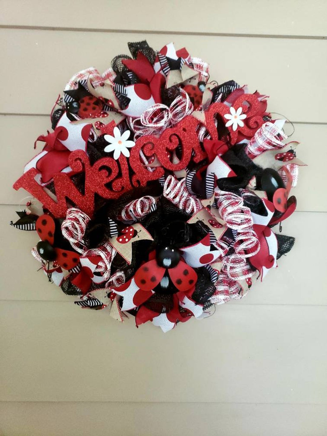 Ladybug Deco Mesh Wreath for Front Door, Red and Black Ladybugs Summer ...