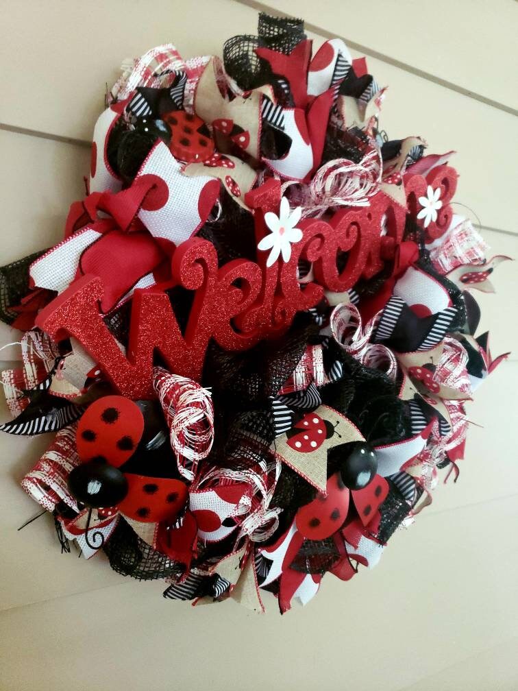 Ladybug Deco Mesh Wreath for Front Door, Red and Black Ladybugs Summer ...