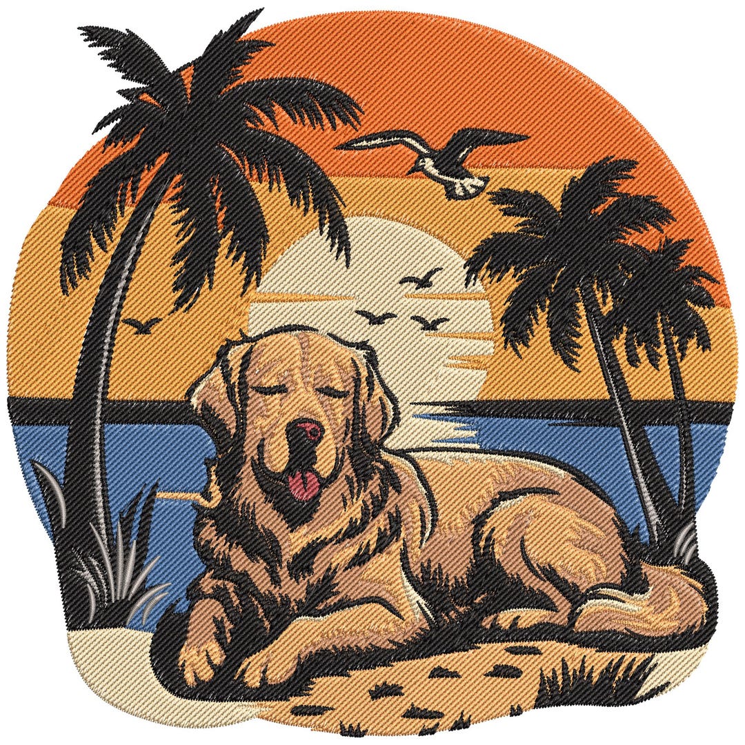Golden Retriever Sunset Beach Embroidery Design, Sunset Surf Machine ...
