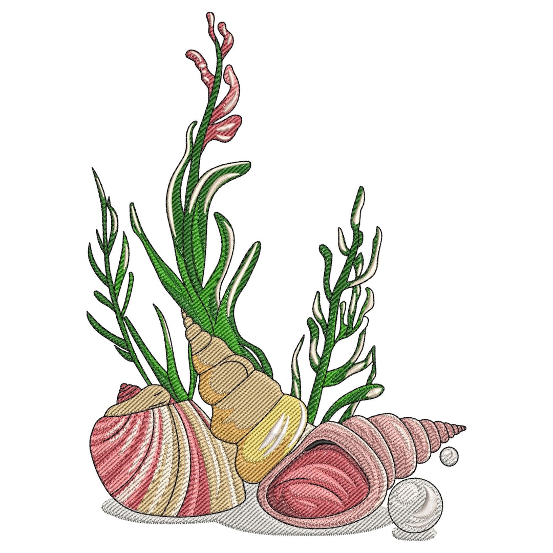 Seashells With Green Seaweed Embroidery Design,sea Shells Embroidery ...