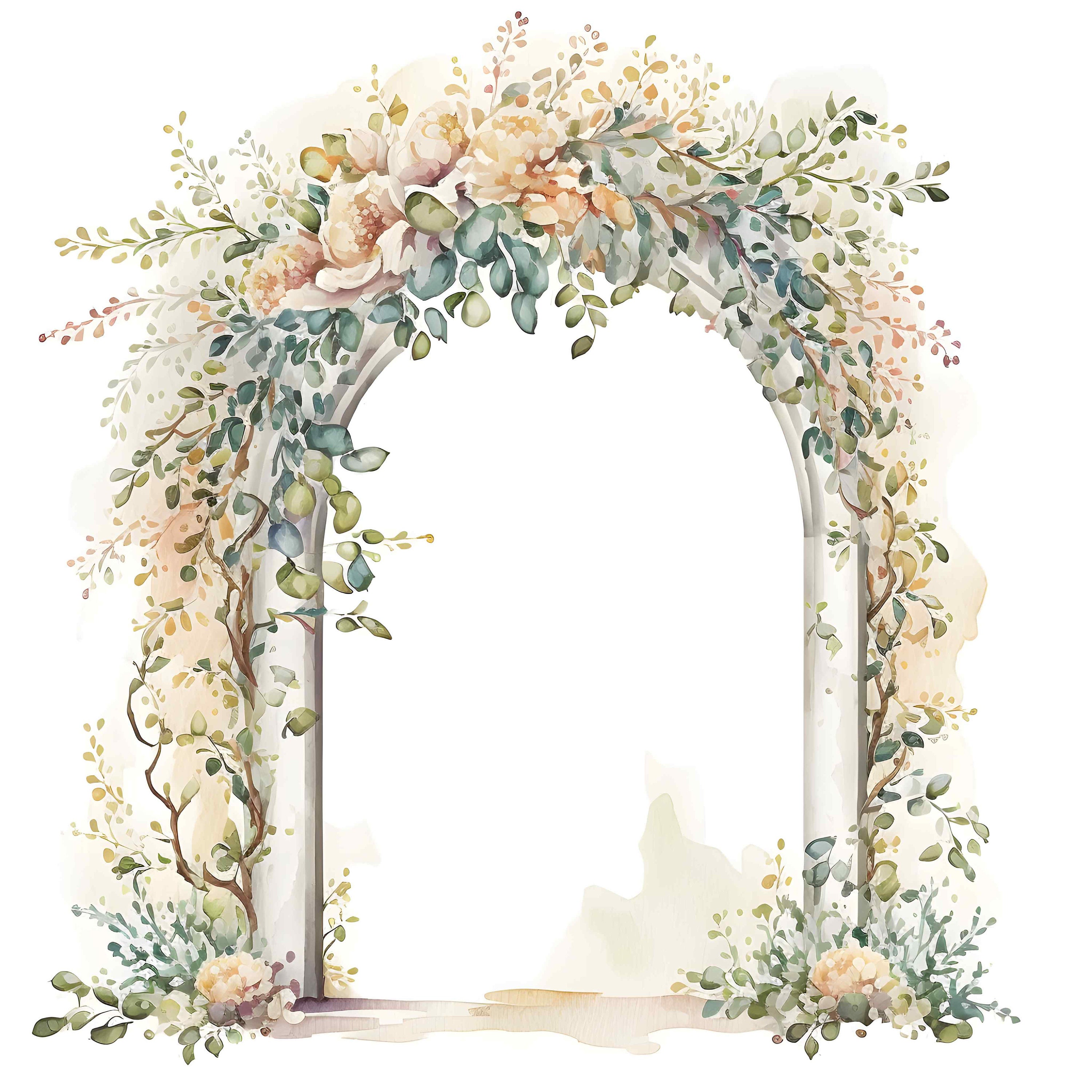 Watercolor Golden Wedding Floral Arches Clipart Set Decorative White ...