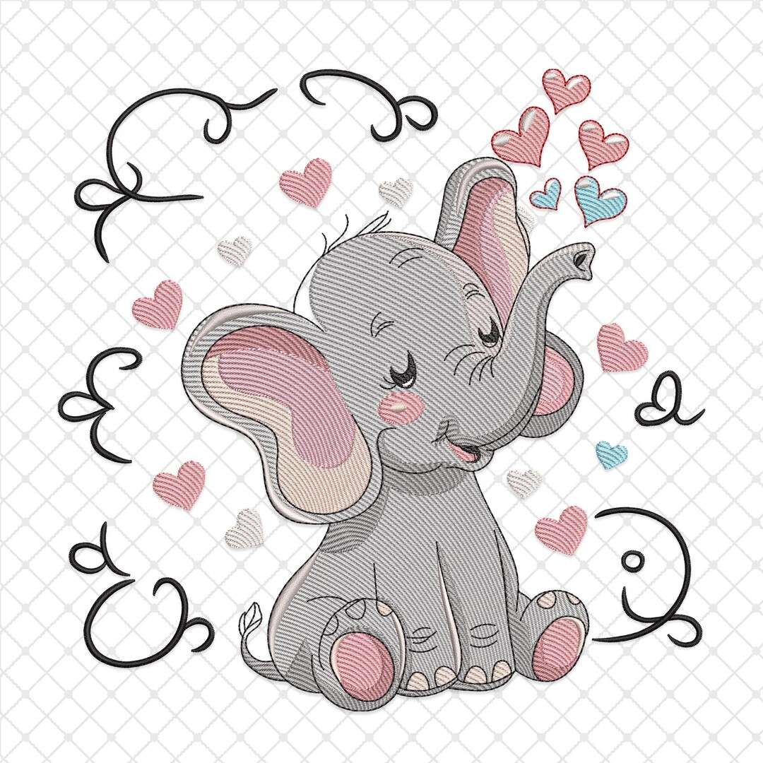 Elephant With Hearts Embroidery Design, Elephant Machine Embroidery ...