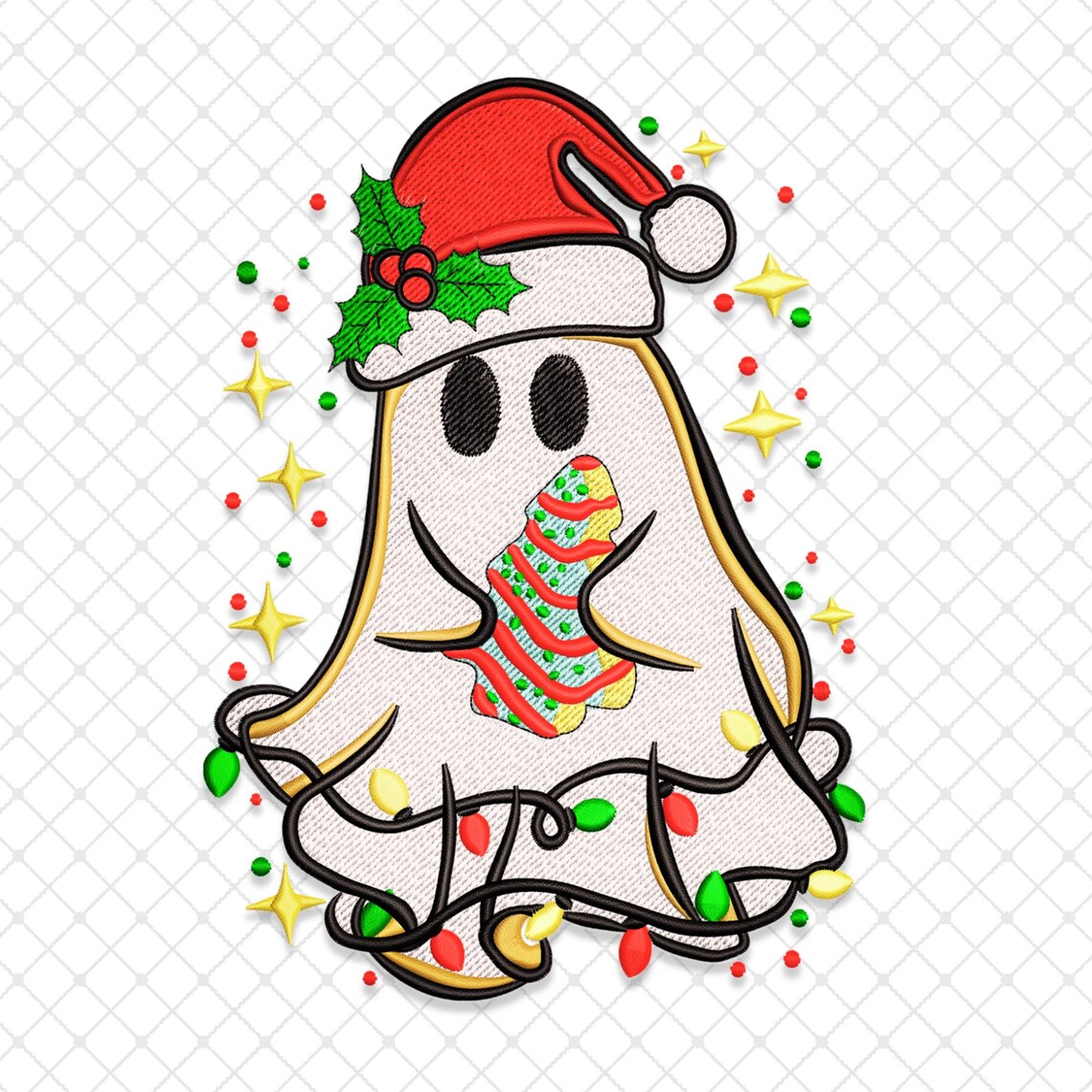 Christmas Ghost Embroidery Design, Cute Ghost With Santa Hat and Lights ...